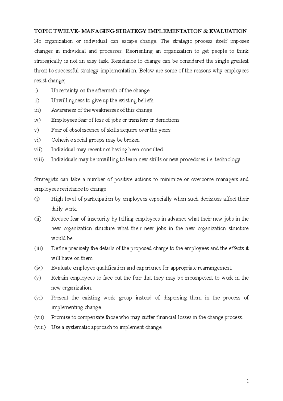Topic Twelve Managing Strategy Implementation Evaluation Topic Twelve Managing Strategy