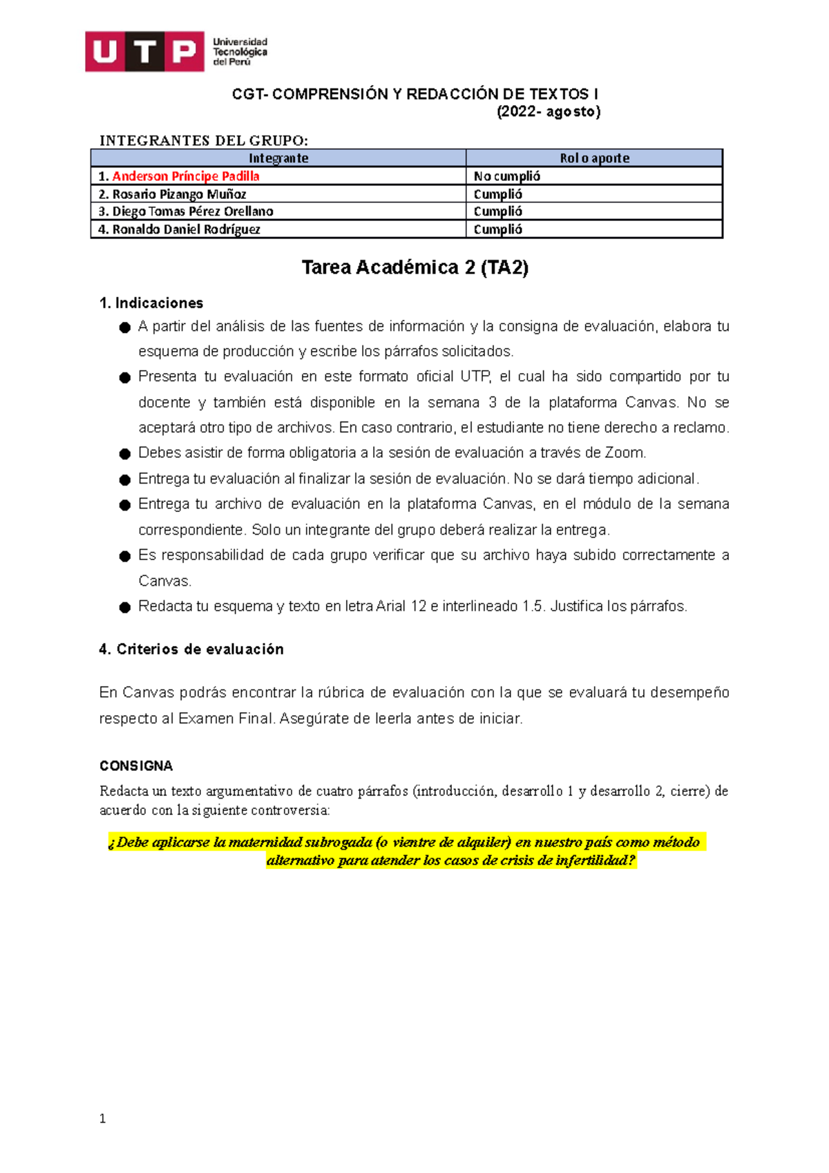 CGT CRT1 Consigna Tarea Académica 2 (TA2)[337] Terminado - CGT- COMPRENSIÓN Y REDACCIÓN DE ...