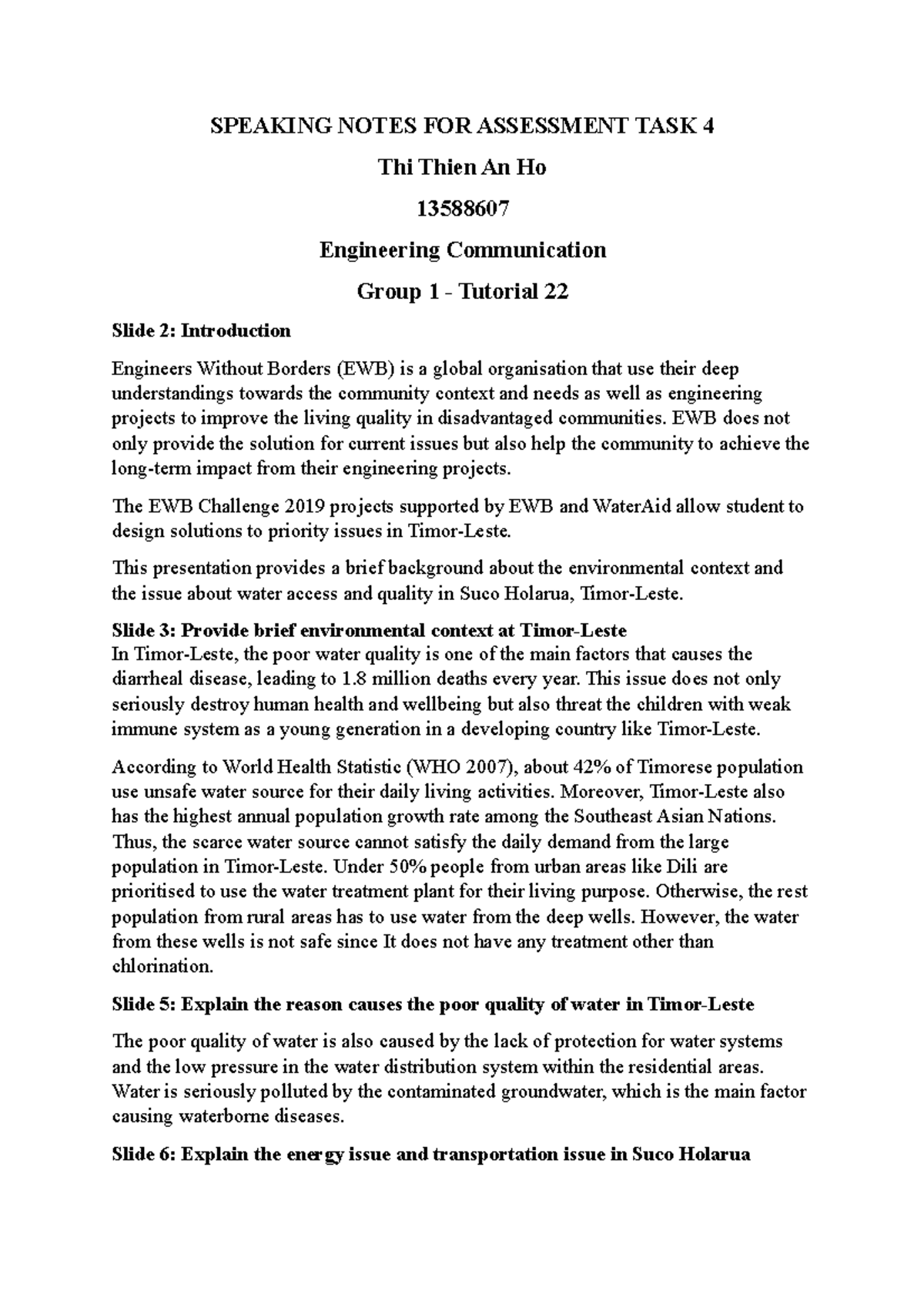 Speaking Notes FOR Assessment TASK 4 - SPEAKING NOTES FOR ASSESSMENT ...