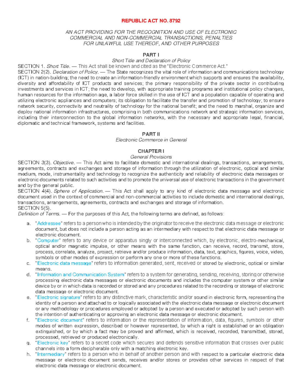 E- Commerce-ACT - Law ito - REPUBLIC ACT NO. 8792 AN ACT PROVIDING FOR ...