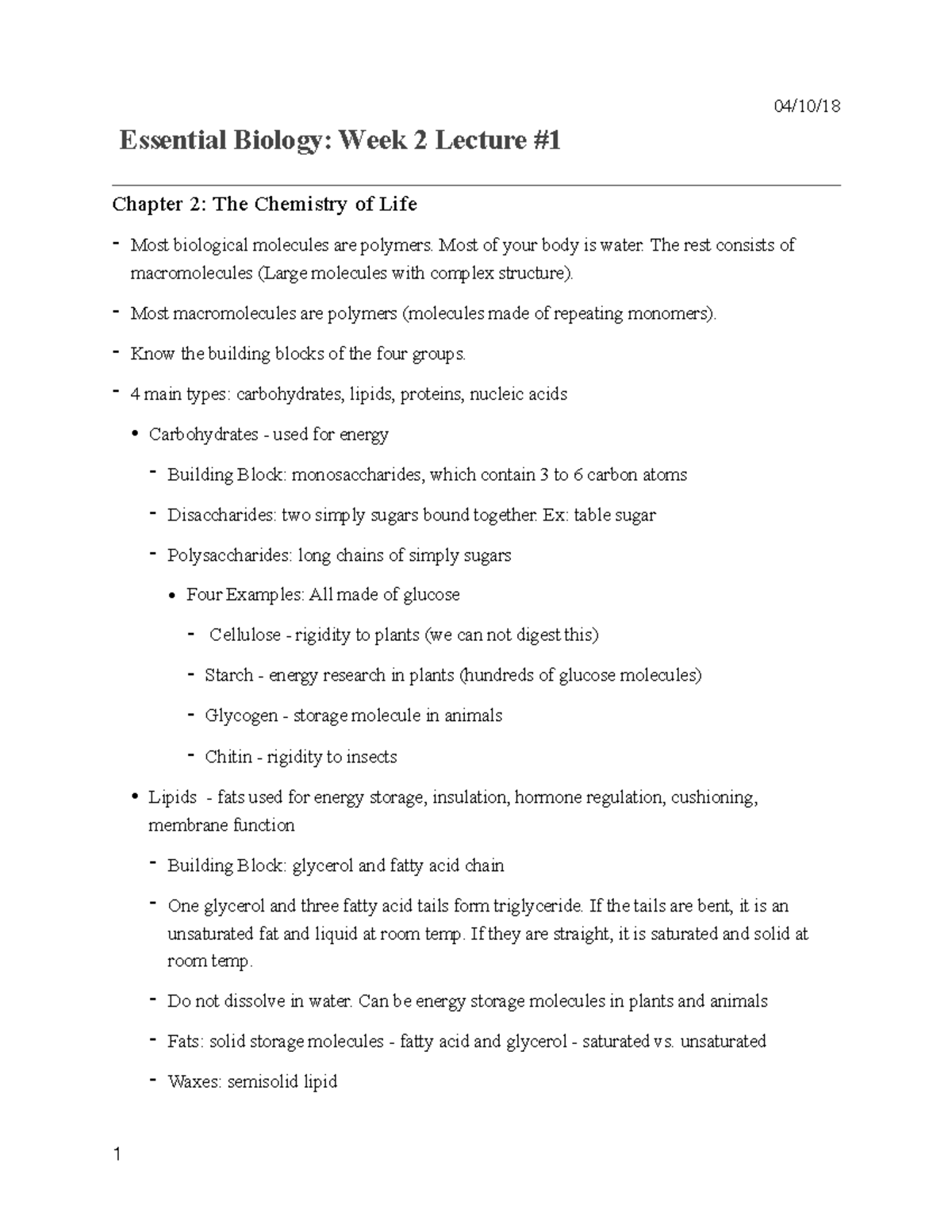Biology Notes - 04/10/18 Essential Biology: Week 2 Lecture #1 Chapter 2 ...