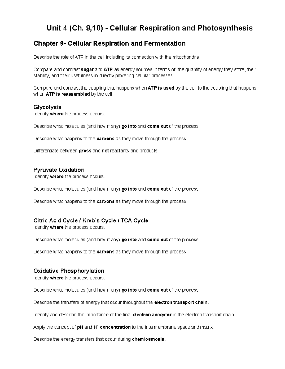 U04 Objectives for Students - Unit 4 (Ch. 9,10) - Cellular Respiration ...
