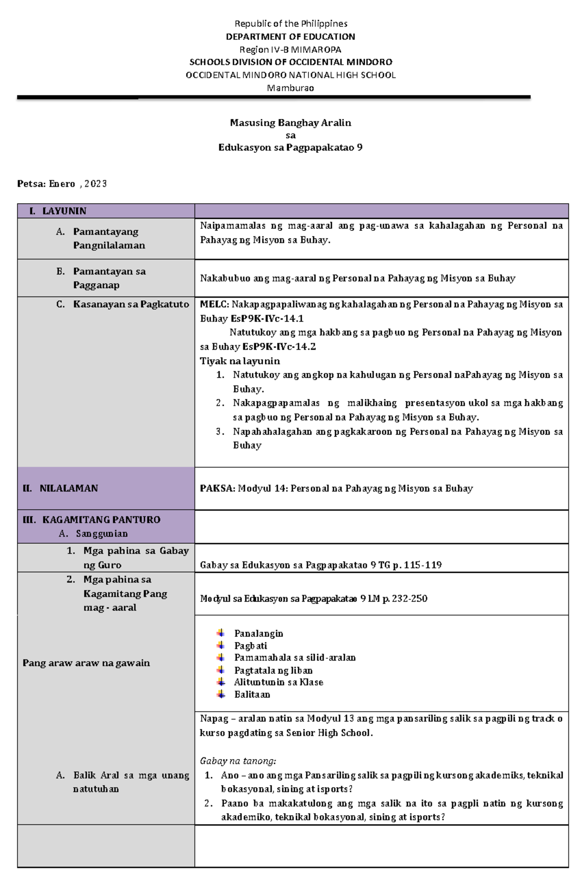 Lesson Plan June 6 Revised - Republic of the Philippines DEPARTMENT OF EDUCATION Region IV-B ...