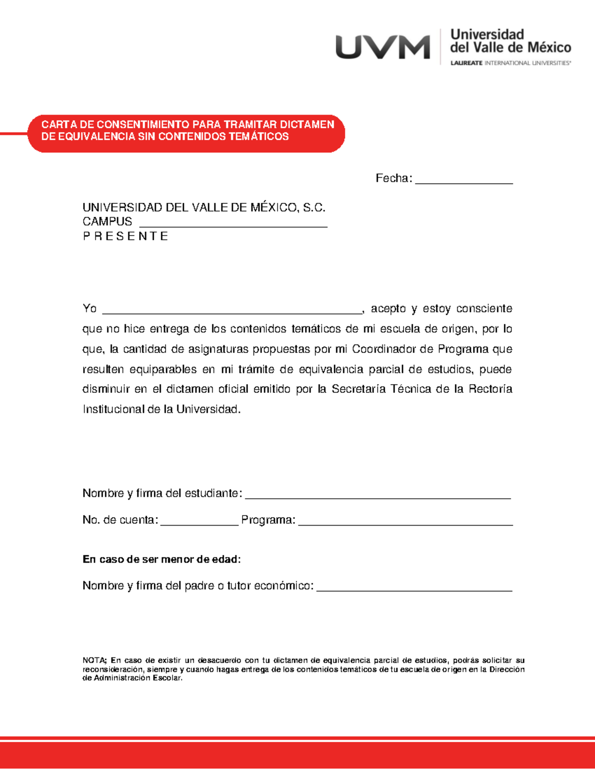 Carta sin contenidos temáticos equivalencia - CARTA DE CONSENTIMIENTO ...