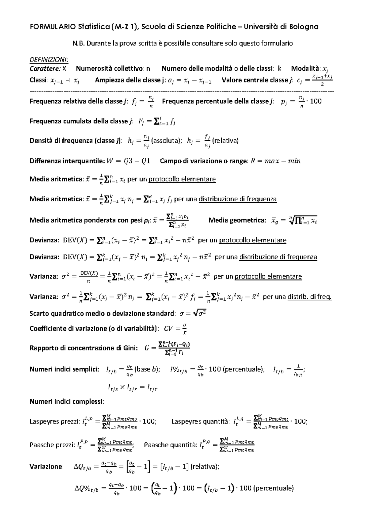Formulario 1parte - FORMULARIO Statistica (M-Z 1), Scuola di Scienze ...