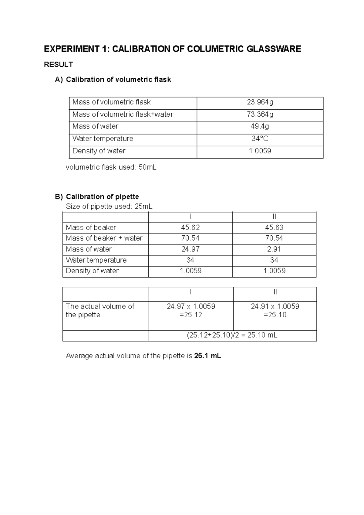 Chm256 exp 1 RESULTS - EXPERIMENT 1: CALIBRATION OF COLUMETRIC GLASSWARE RESULT A) Calibration ...