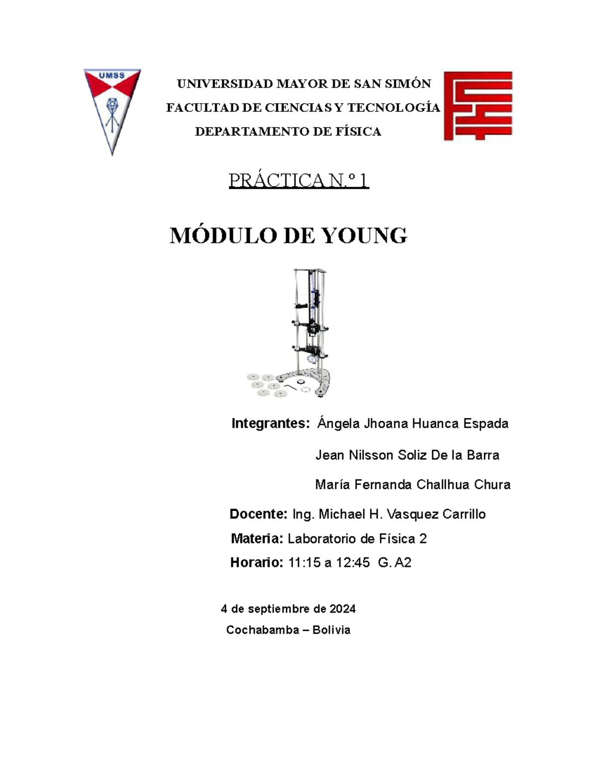 Informe 1 física 2 - UNIVERSIDAD MAYOR DE SAN SIMÓN FACULTAD DE CIENCIAS Y TECNOLOGÍA ...