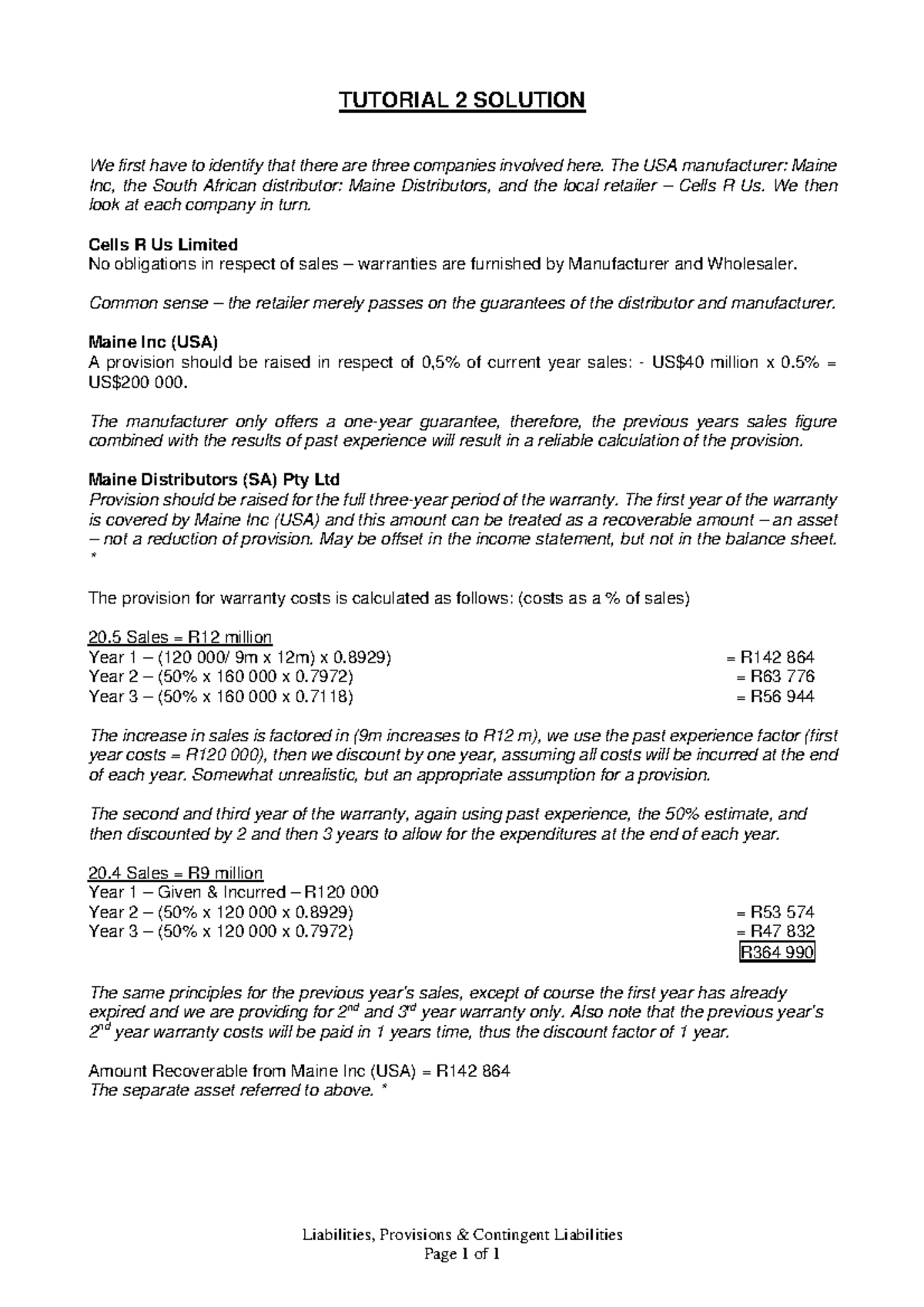 Tutorial Solution - Liabilities 2 (Maine Cellphones) - Liabilities, Provisions & Contingent ...
