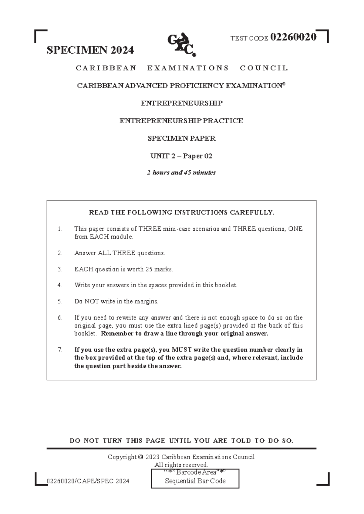 CAPE Entrepreneurship Unit 2 (Specimen Paper 2) 2024 - TEST CODE ...