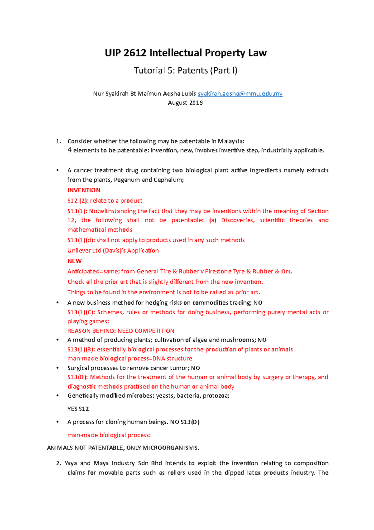 289152 Tutorial ( Patent I) - UIP 2612 Intellectual Property Law ...