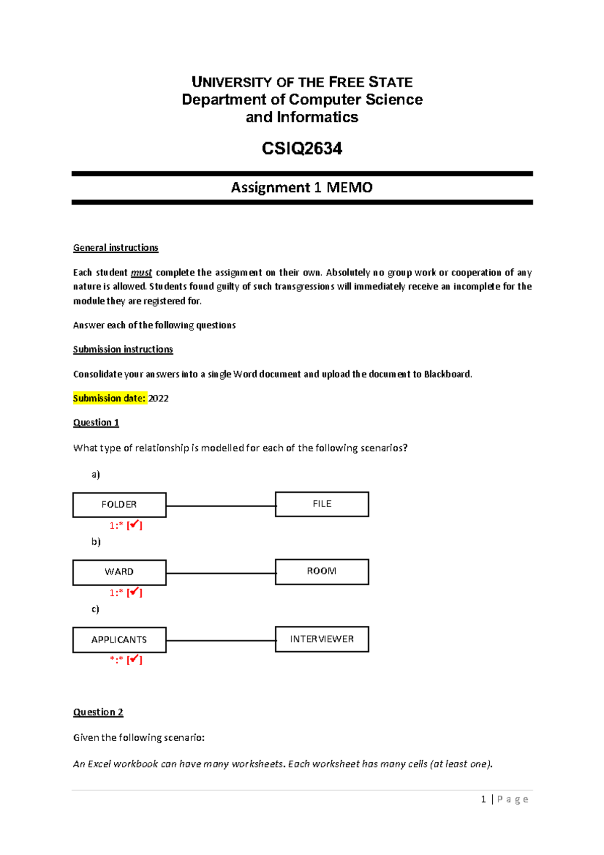 Assignment 1 Memo - UNIVERSITY OF THE FREE STATE Department of Computer Science and Informatics ...