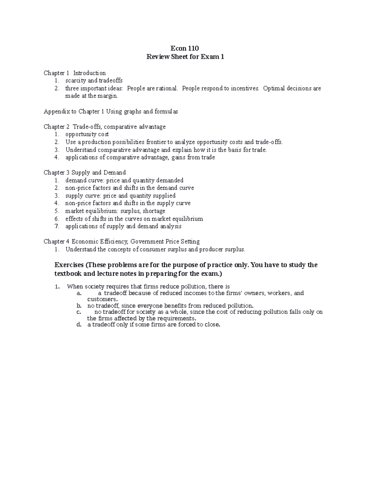 ECON 110 Exam 1 Review Sheet - Econ 110 Review Sheet for Exam 1 Chapter ...