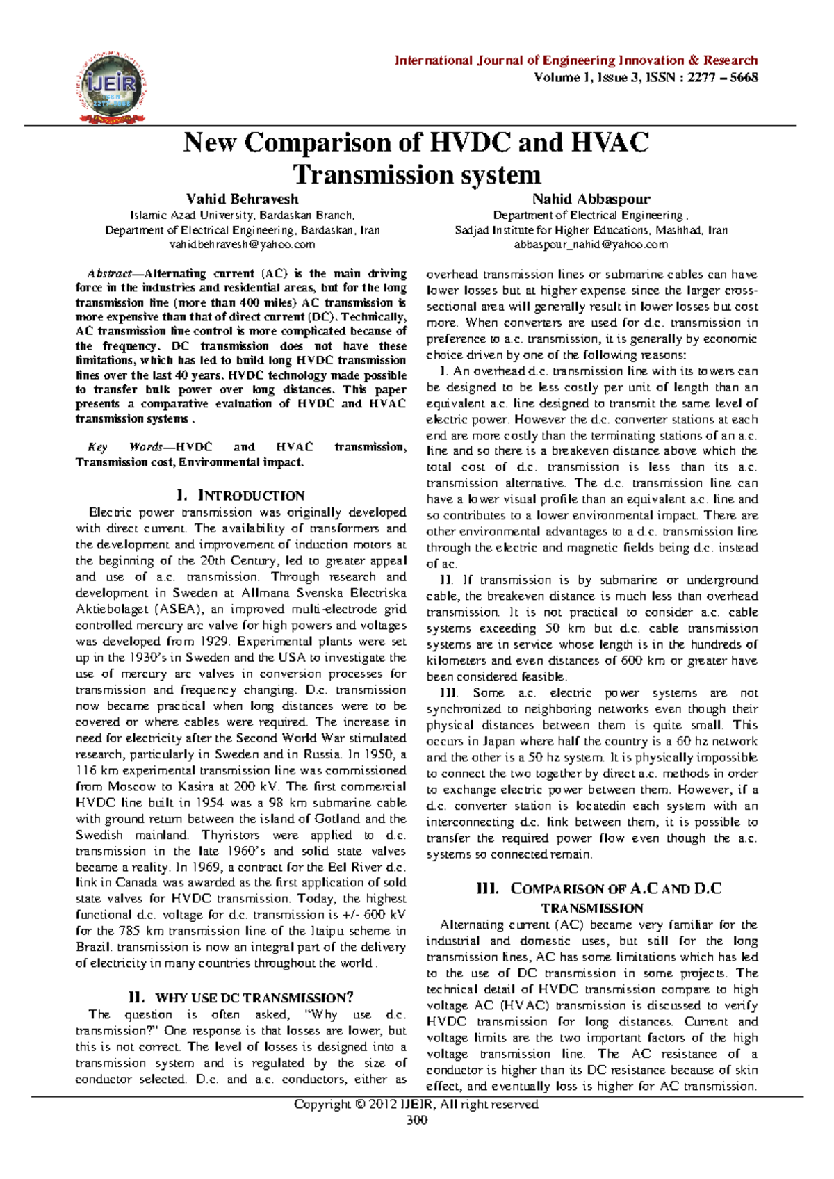 New Comparison of HVDC and HVAC transmission systems - Copyright © 2012 ...
