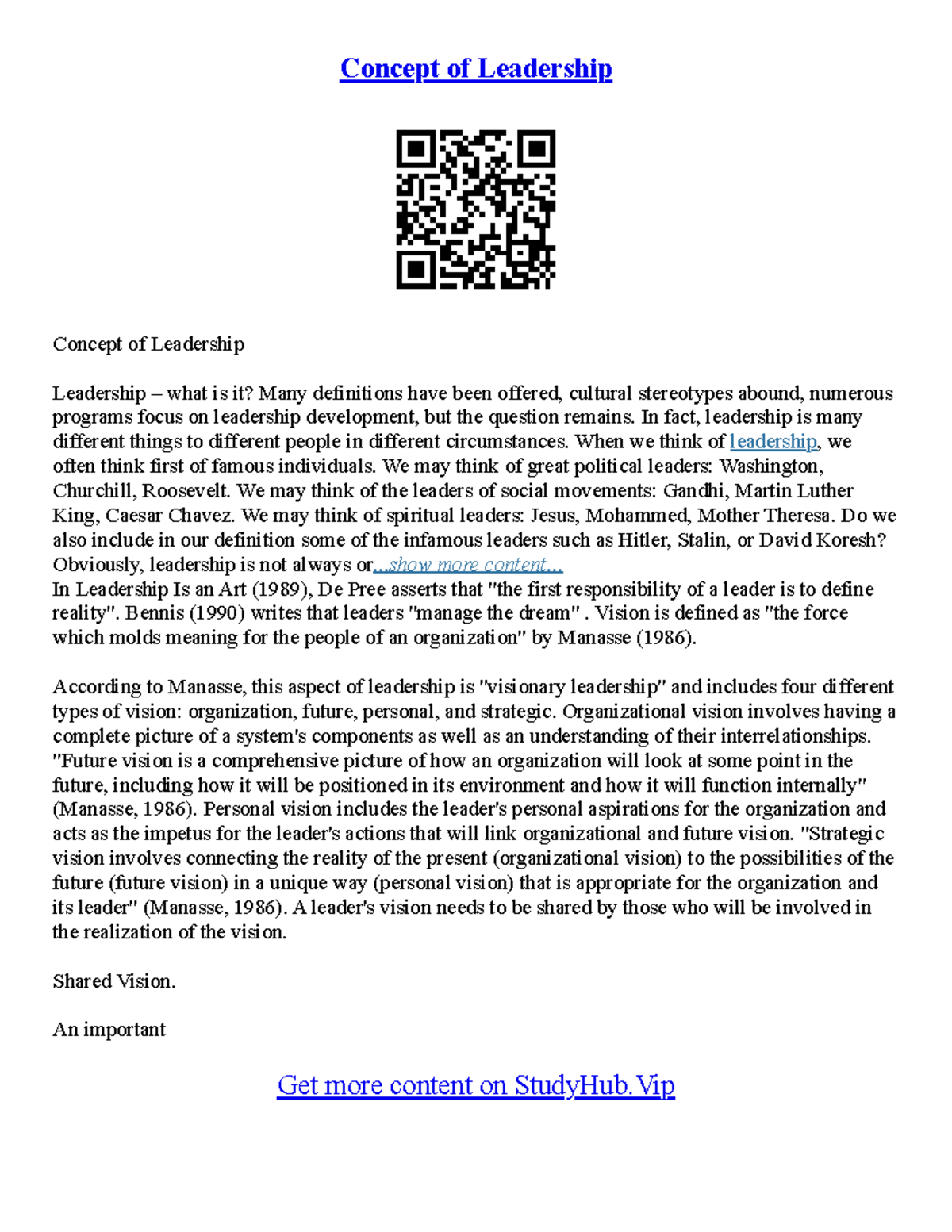 Leadership Essay - Concept of Leadership Concept of Leadership ...