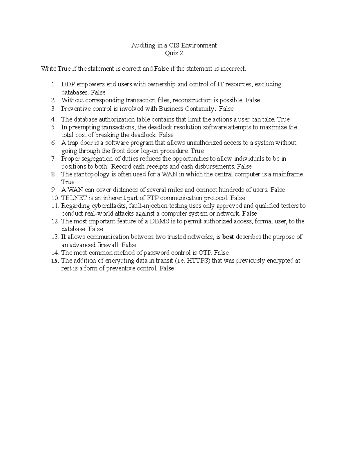 Auditing In A Cis Environment Quiz 2 Block 4 1 Auditing In A Cis Environment Quiz 2 Write