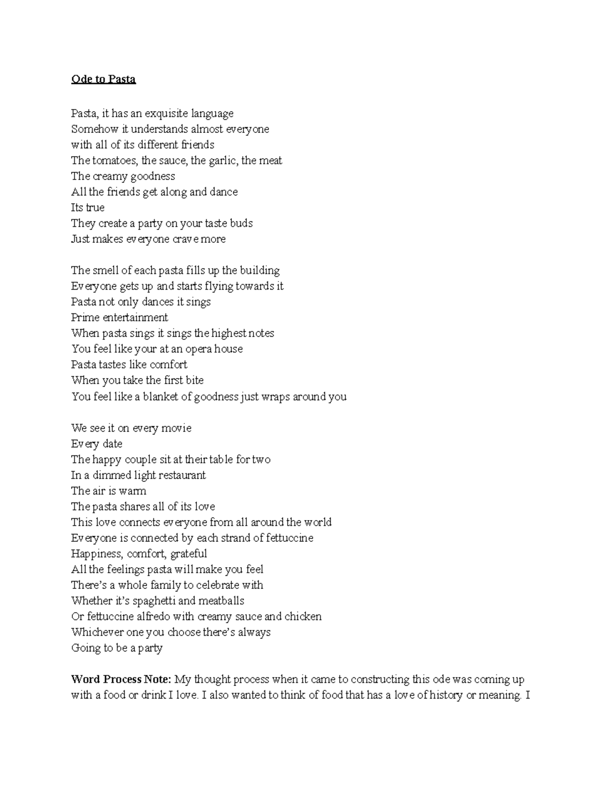 WE #7 Ode - Poem - Ode to Pasta Pasta, it has an exquisite language ...