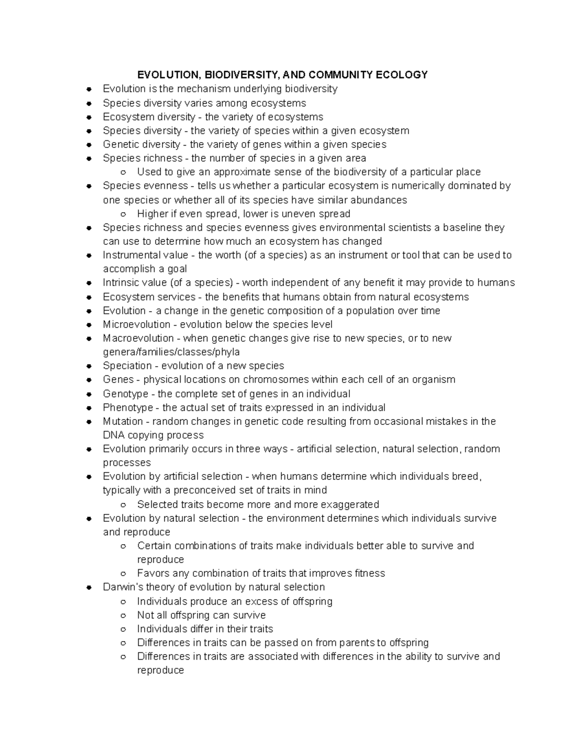 NRE1000 CH4 - Lecture notes ch4 - EVOLUTION, BIODIVERSITY, AND ...