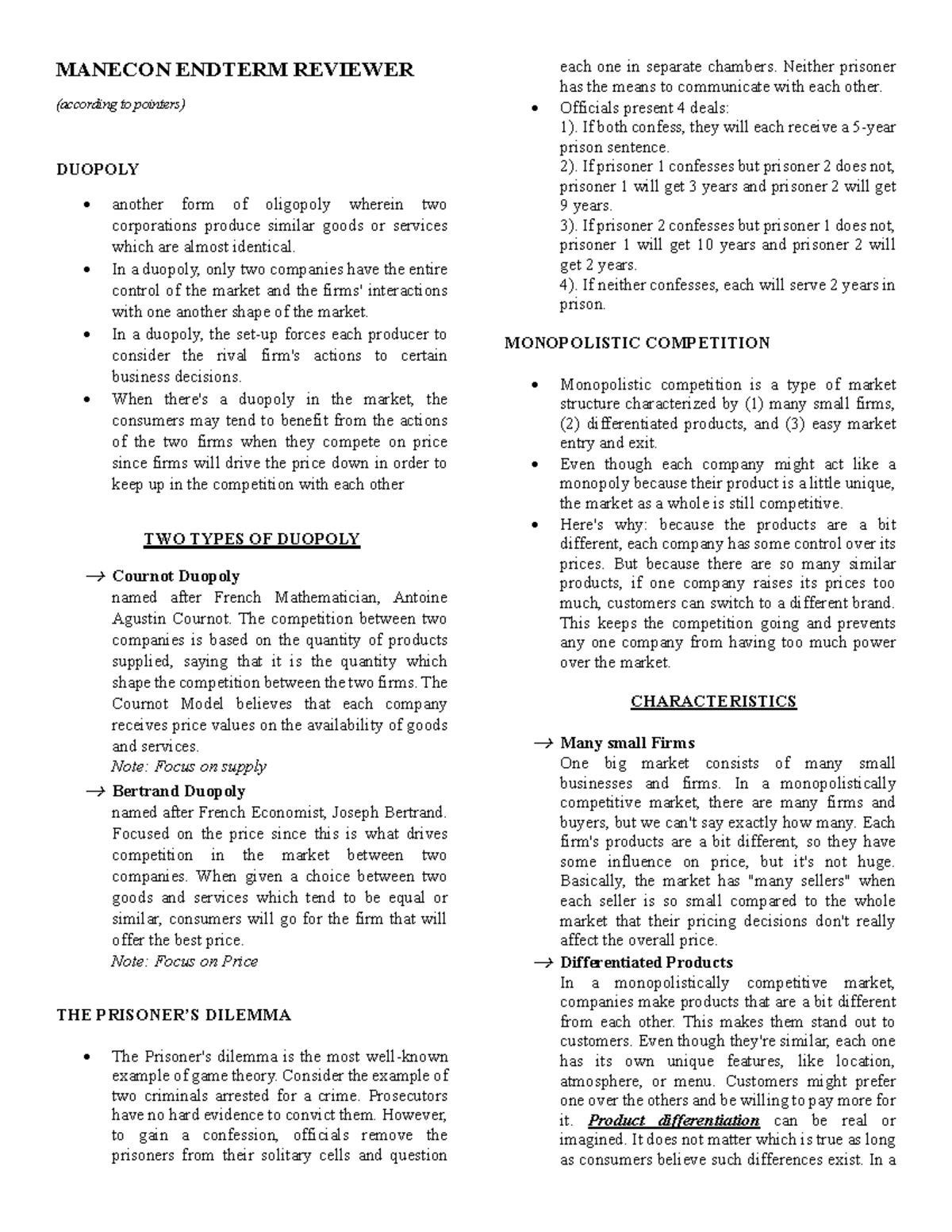 Manecon- Endterm- Reviewer - MANECON ENDTERM REVIEWER (according to pointers) DUOPOLY another ...