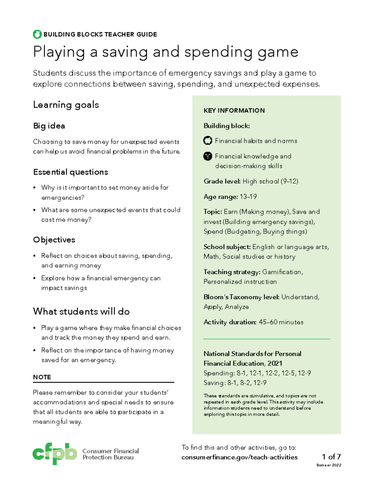 Playing a saving and spending game guide - Sumeer 2022 1 of 7 Consumer ...