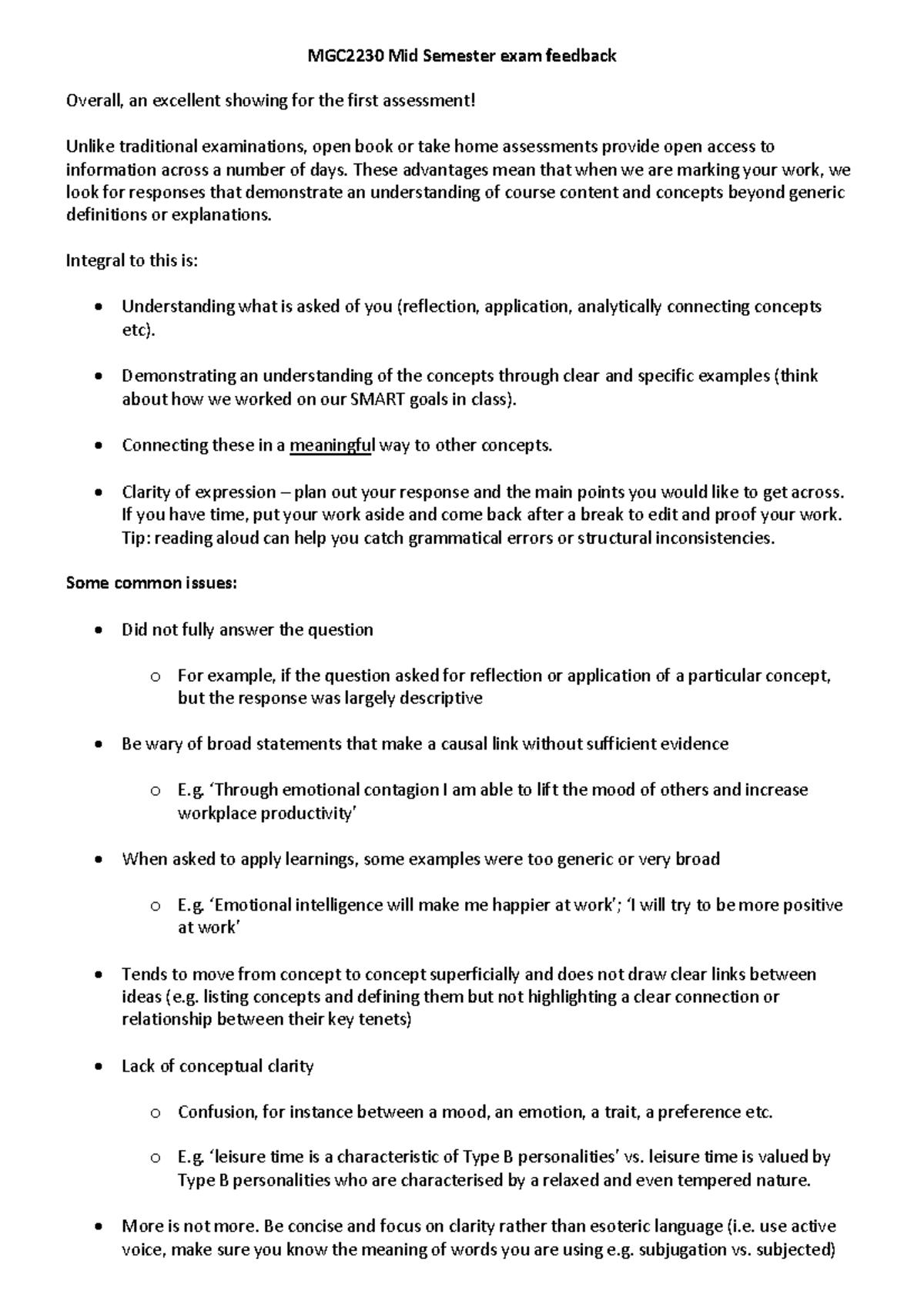 Mid Semester Exam Feedback and Resources - MGC2230 Mid Semester exam ...