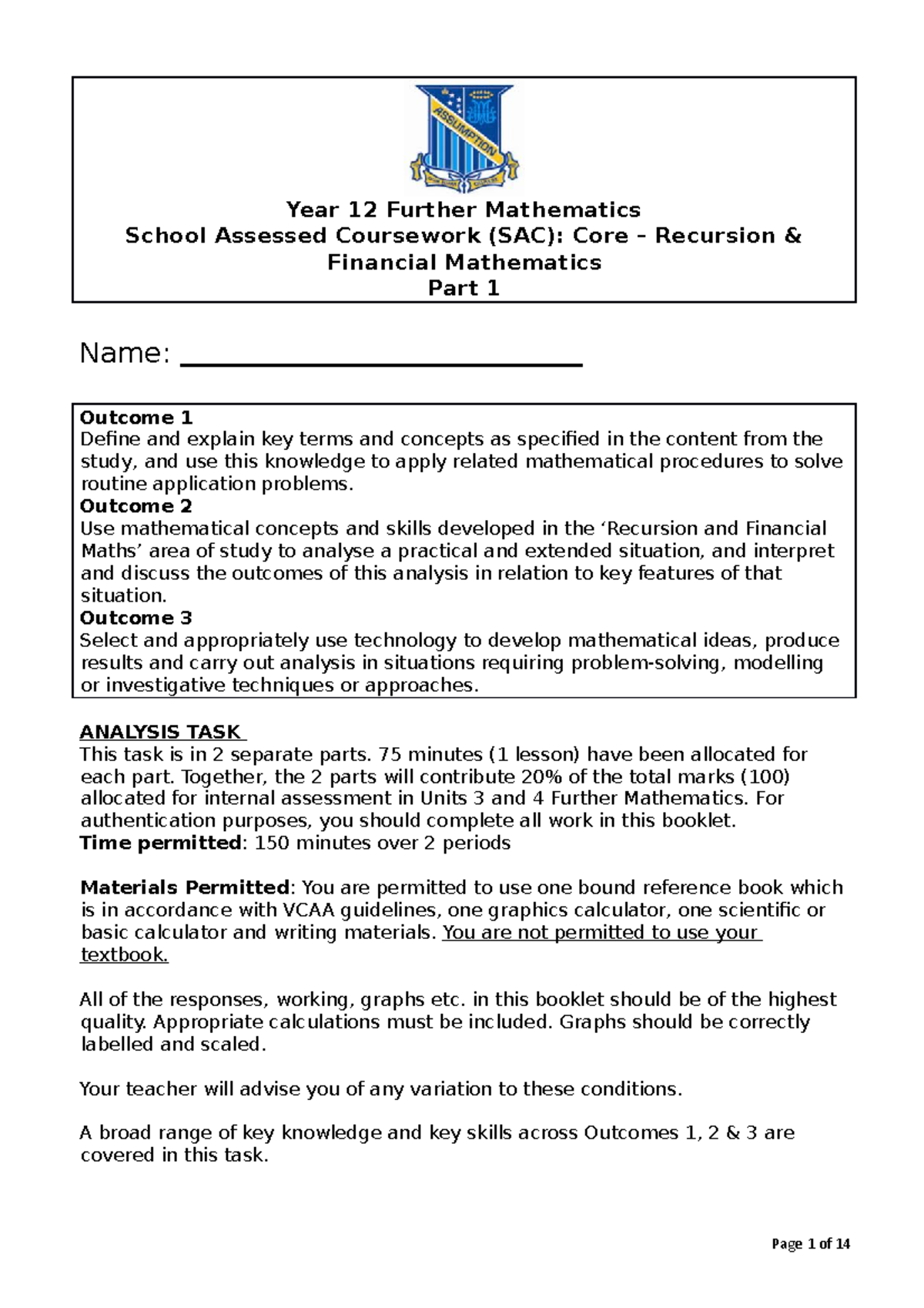 Recursion and Financial Maths SAC - Year 12 Further Mathematics School ...