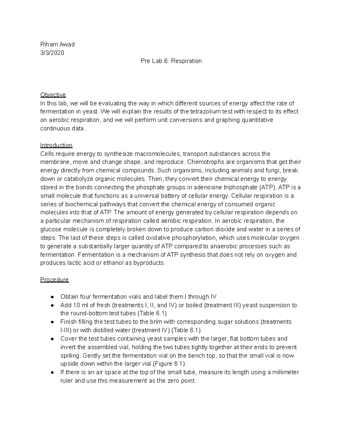 Pre Lab Respiration - Pre-laboratory notes on experiment instructions ...