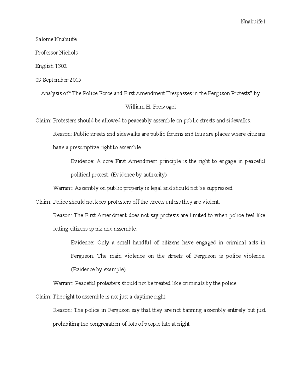 English 1302 Ferguson - Grade: A - Nnabuife Salome Nnabuife Professor ...