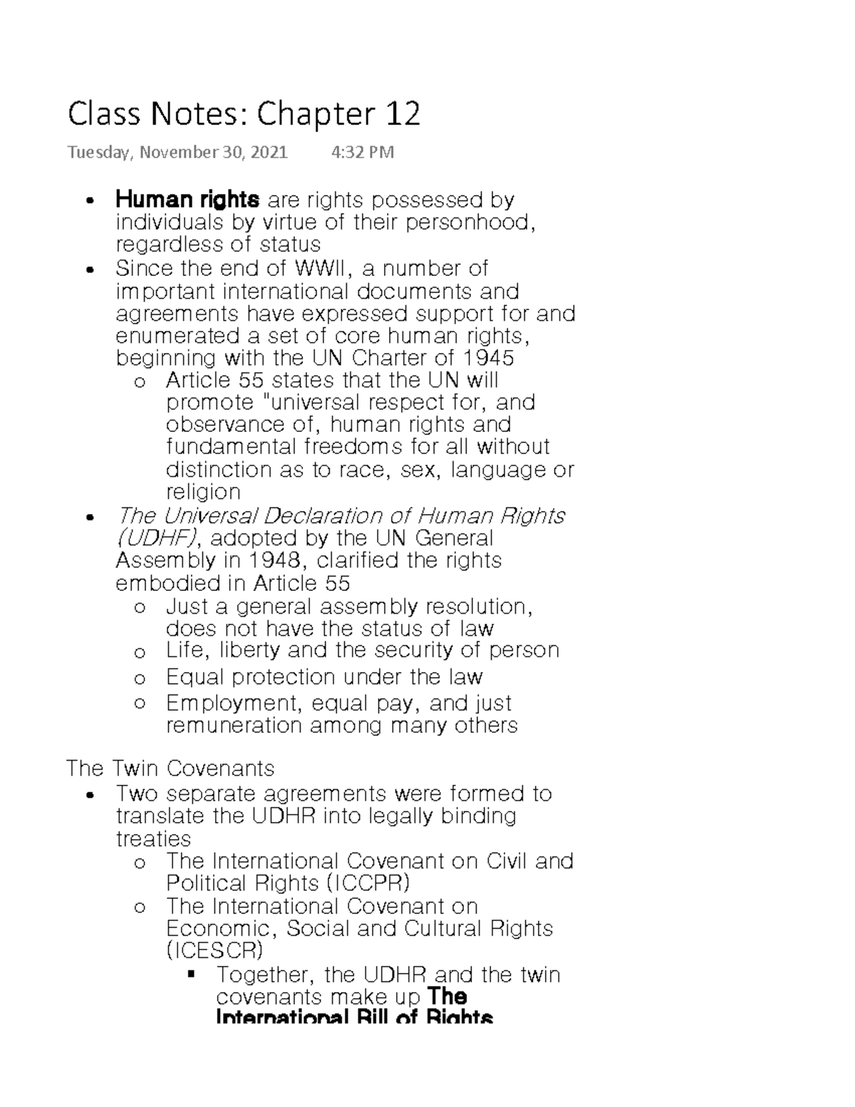 Class Notes Chapter 12 - Human rights are rights possessed by ...