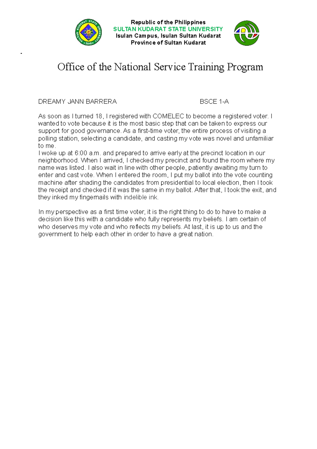 Election Narrative Report Barrera - Republic of the Philippines SULTAN ...