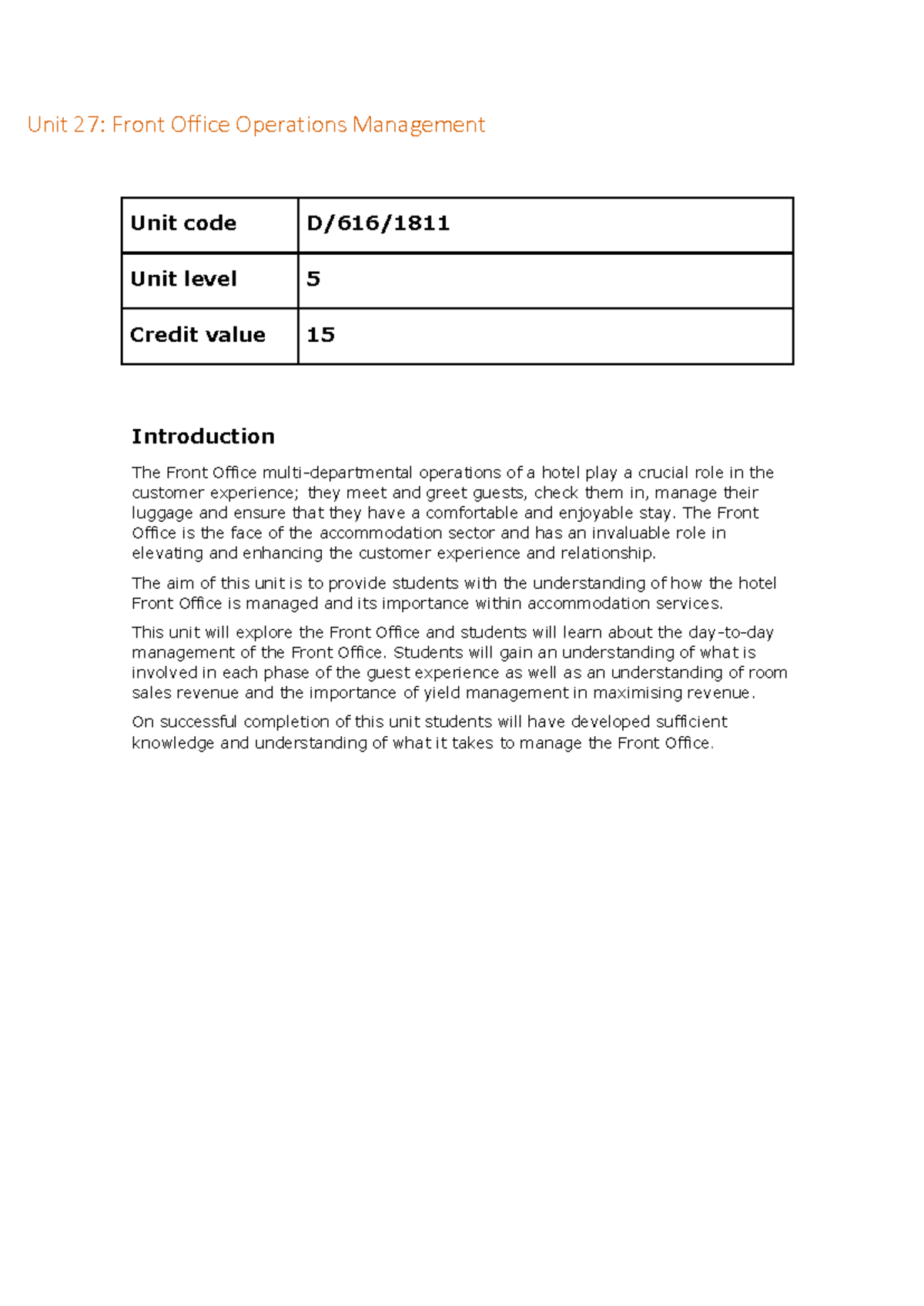 Front-Office-Operations-Management London College - Unit 27: Front ...