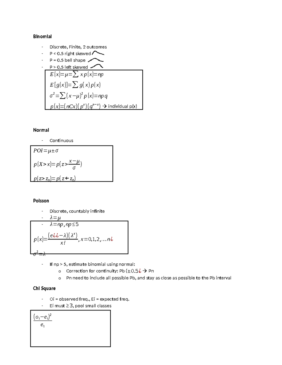 Midterm 2 Formula sheet - Binomial Discrete, Finite, 2 outcomes P
