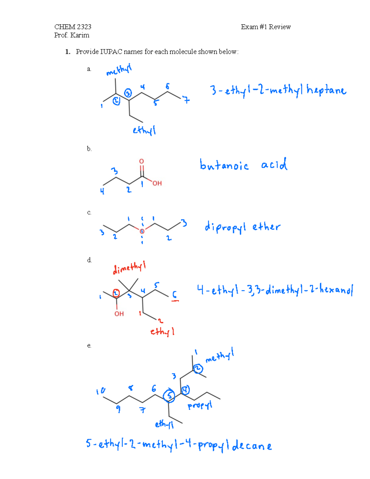 Chem2323 exam1review-ans-FA20 - CHEM 2323 Exam #1 Review Prof. Karim 1 ...