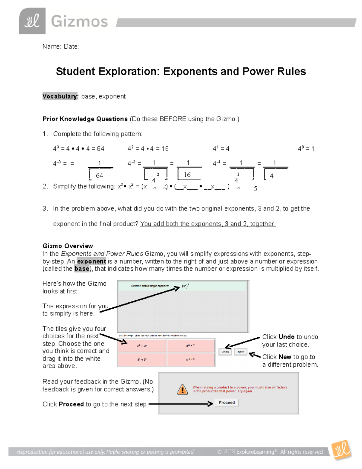 Exp Pow Rule SE - Gizmo for algebra 2. Has answers - 2019 Name: Date ...