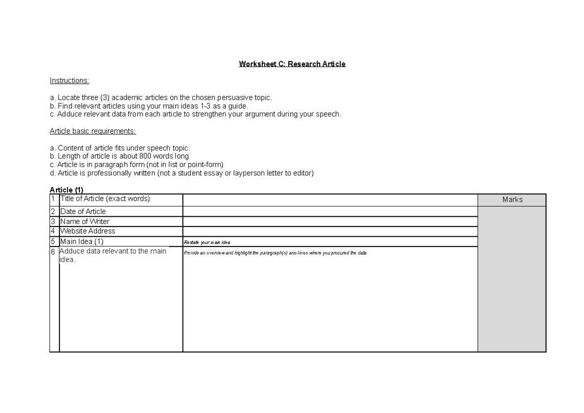 Worksheet C - Research Article - Worksheet C: Research Article ...