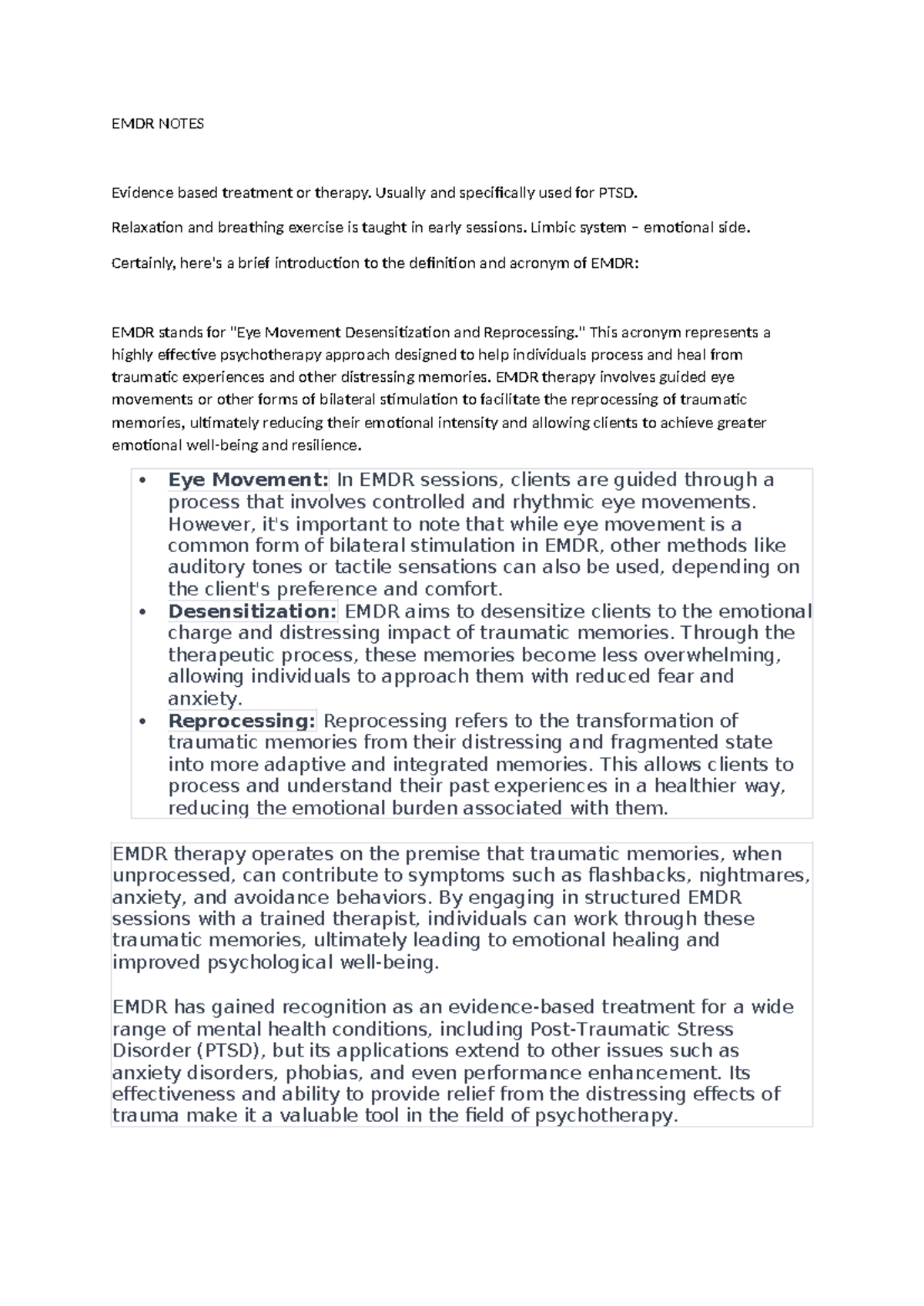 EMDR Notes - EMDR - EMDR NOTES Evidence based treatment or therapy ...