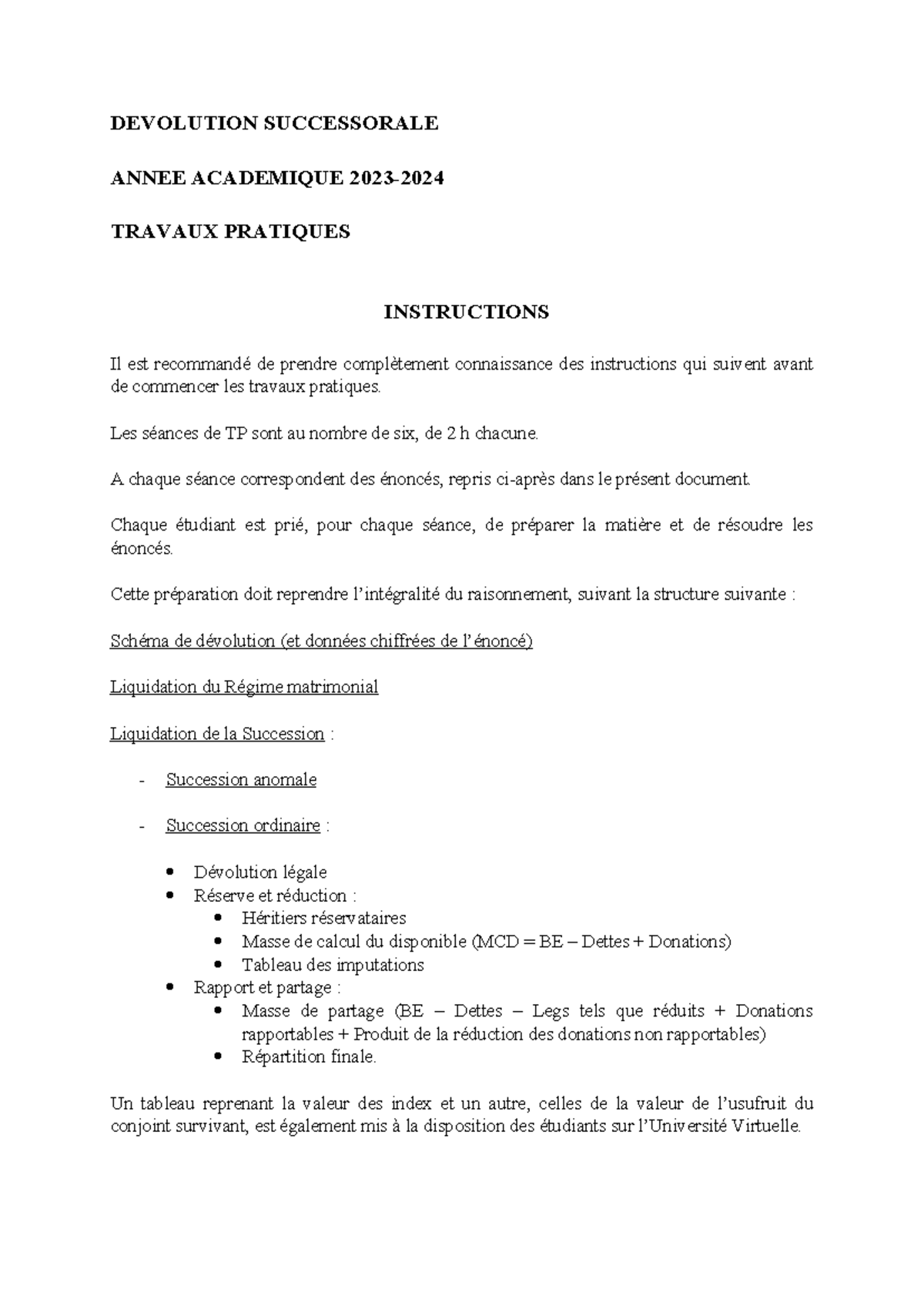 TP- Devolution- Successorale - DEVOLUTION SUCCESSORALE ANNEE ACADEMIQUE 2023- TRAVAUX PRATIQUES ...