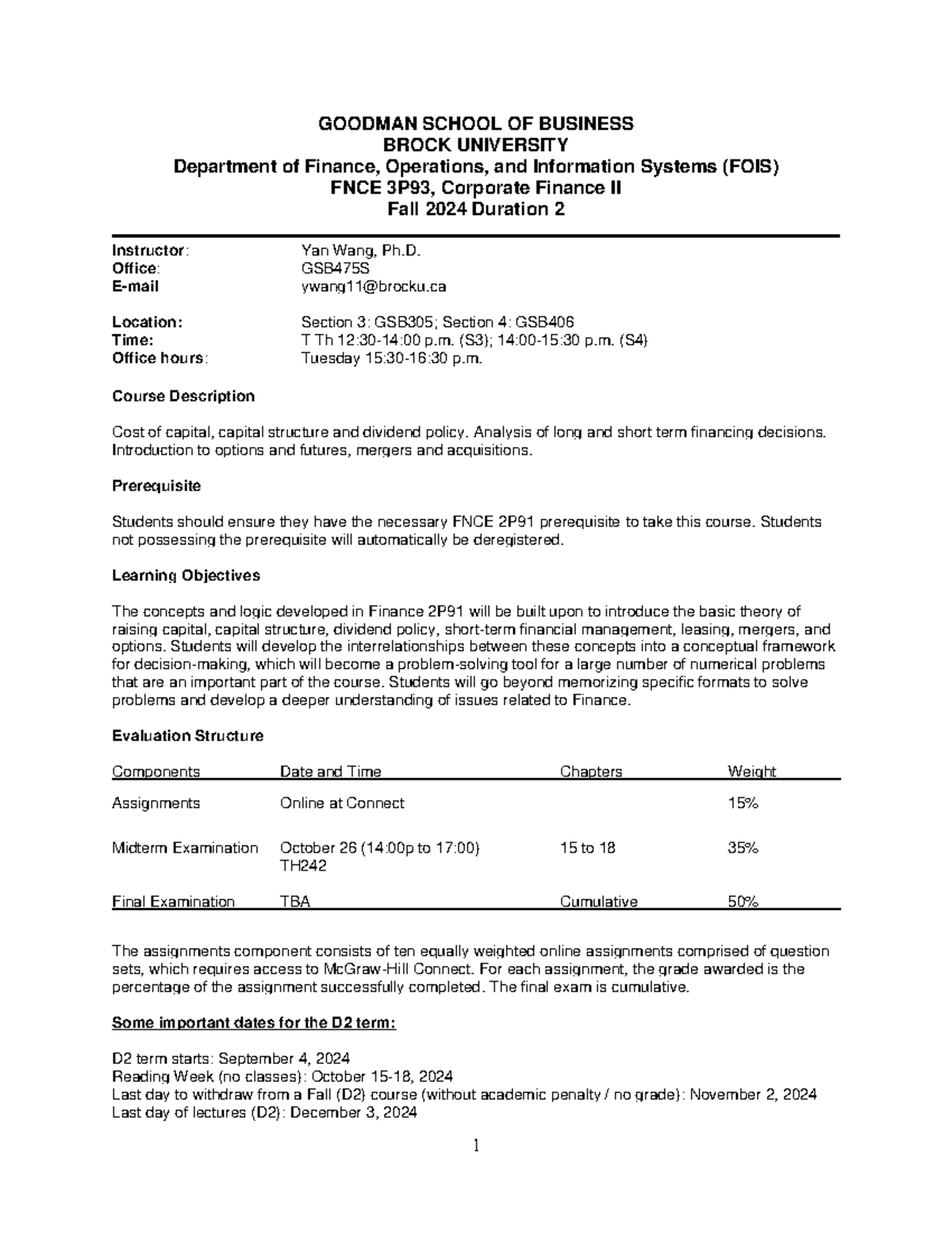 FNCE 3P93 2024 Fall Course Outline S3 S4 - GOODMAN SCHOOL OF BUSINESS ...