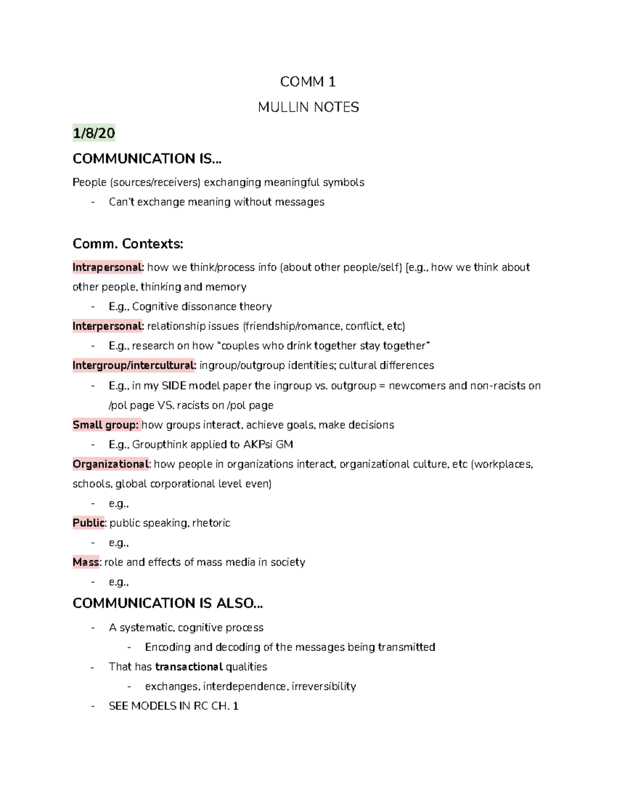 COMM 1 Lecture Notes - Professor Dolly Mullin - COMM 1 MULLIN NOTES ...