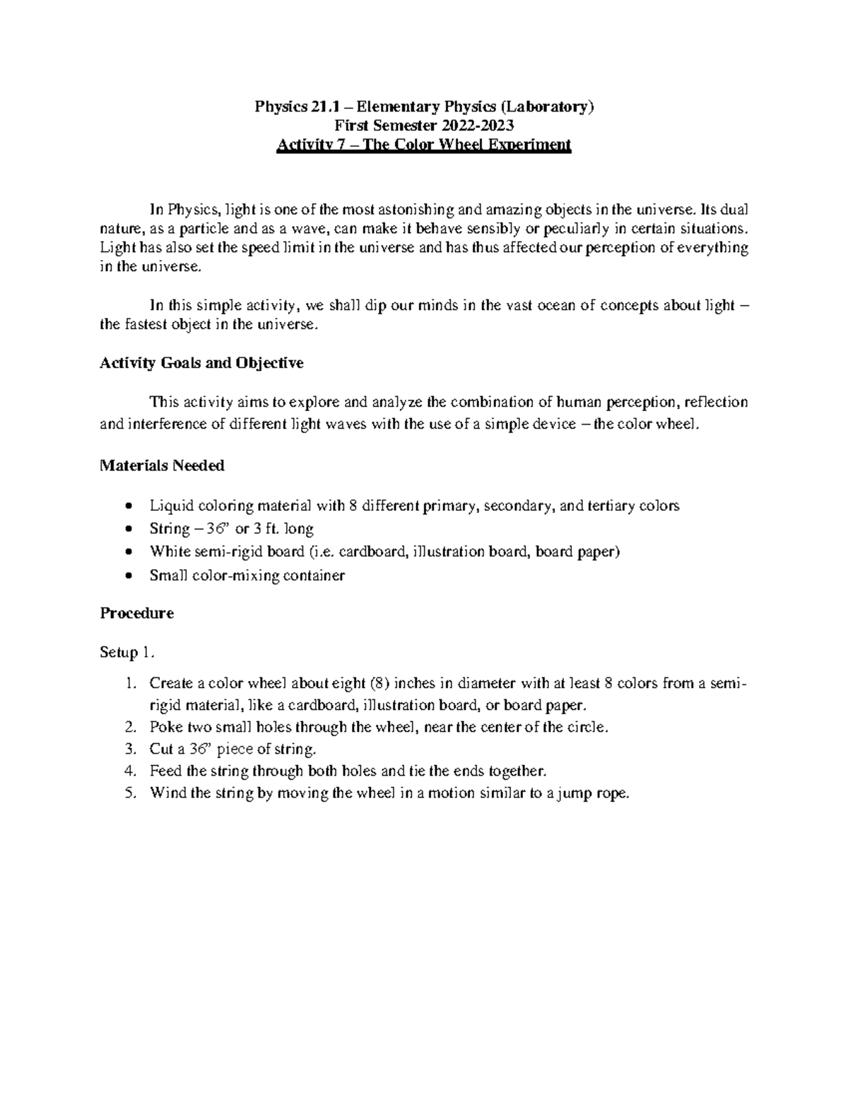 The Color Wheel Experiment - Its dual nature, as a particle and as a ...