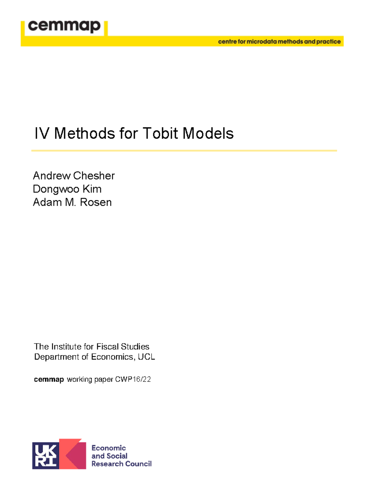CWP1622 IV Methods for Tobit Models - IV Methods for Tobit Models ...