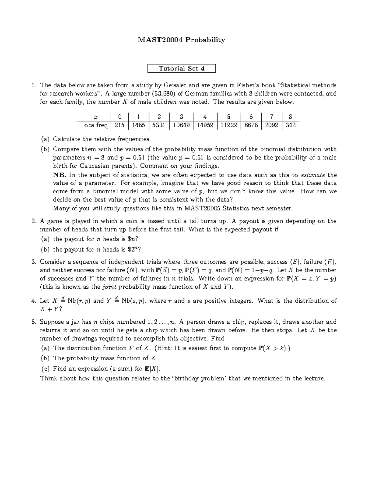 Mast20004 Tutorial 4 questions - MAST20004 Probability Tutorial Set 4 1 ...