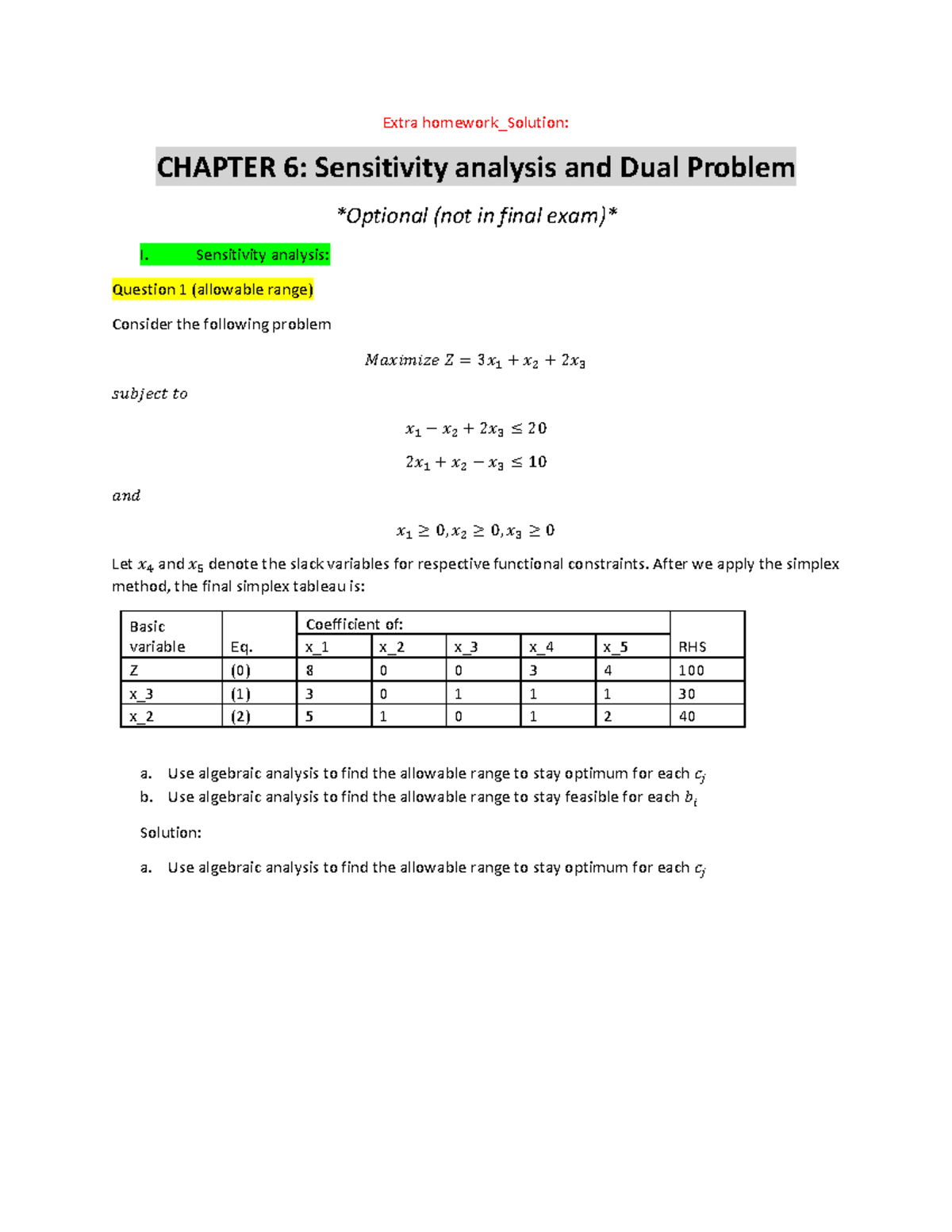 (final) Extra Exercise - Solution-mẻgedum - Extra homework_Solution: CHAPTER 6: Sensitivity ...