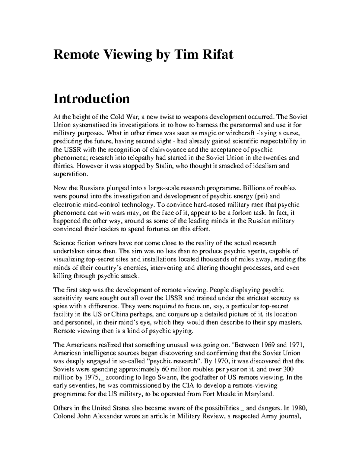 Remote Viewing - ... - Remote Viewing by Tim Rifat Introduction At the ...