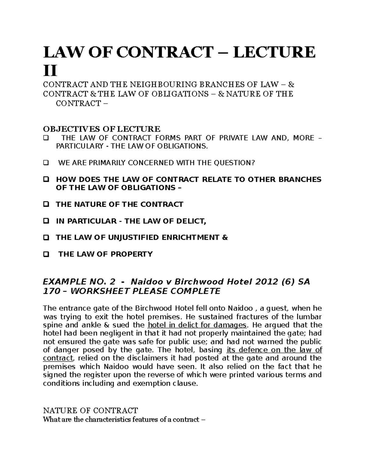 LAW OF Contract Lecture 2 - LAW OF CONTRACT – LECTURE II CONTRACT AND ...