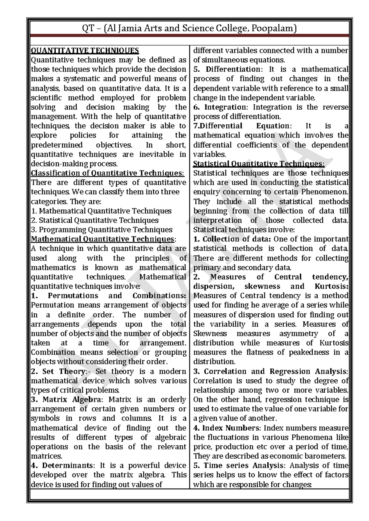 Qt full note simple and short note of 4th semester exam based met - QUANTITATIVE TECHNIQUES ...
