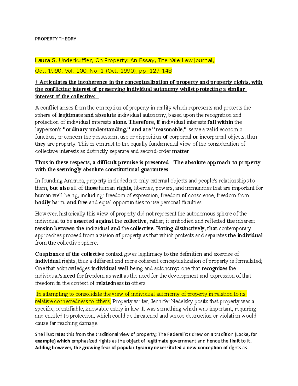 Laura s- property - PROPERTY THEORY Laura S. Underkuffler, On Property ...