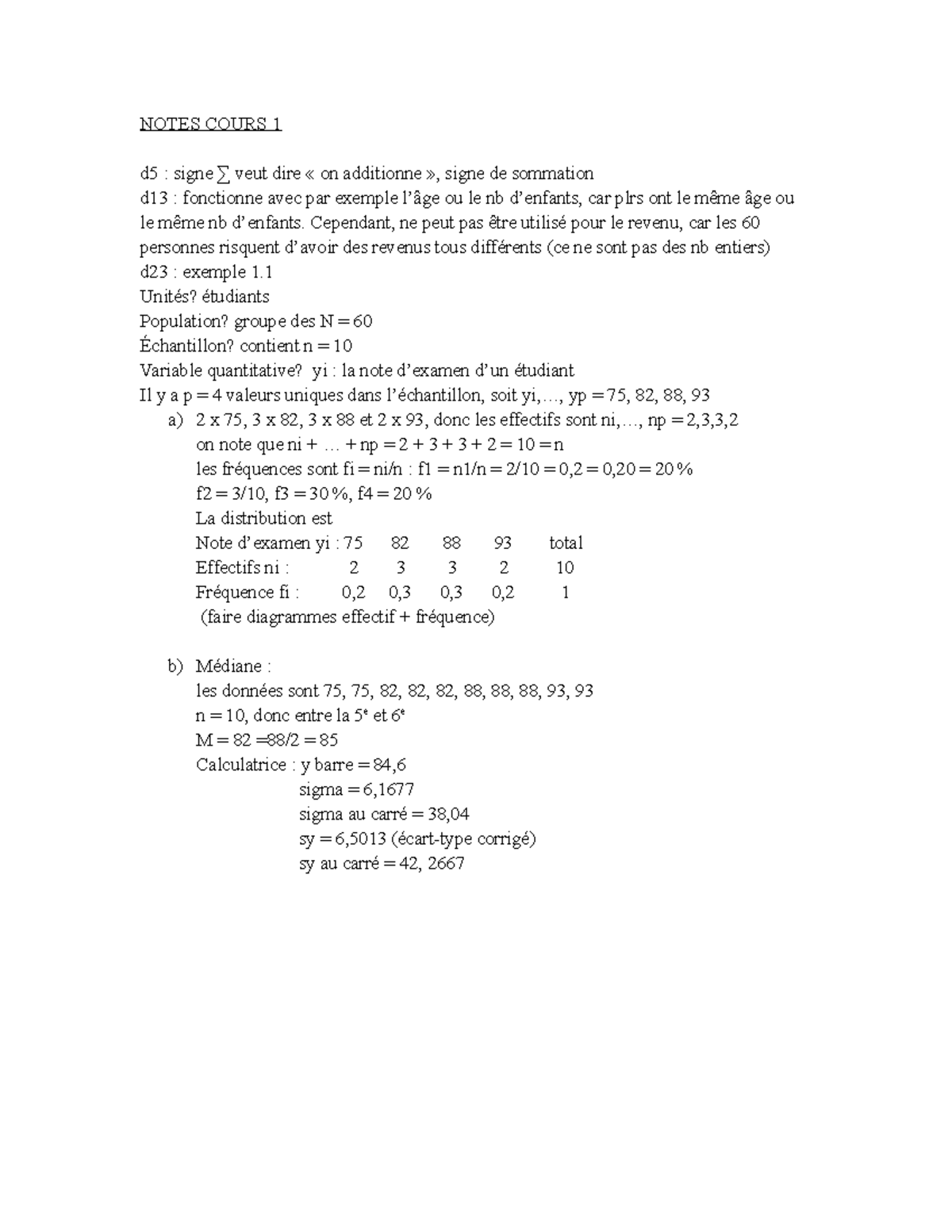 Notes Cours 1 - NOTES COURS 1 d5 : signe ∑ veut dire « on additionne ...