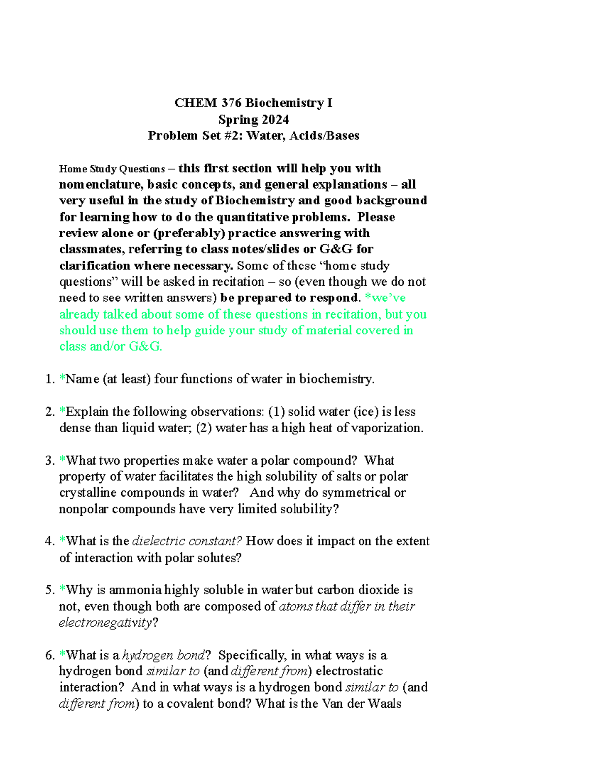Problem Set 2 Spring 24’ - CHEM 376 Biochemistry I Spring 202 4 Problem ...