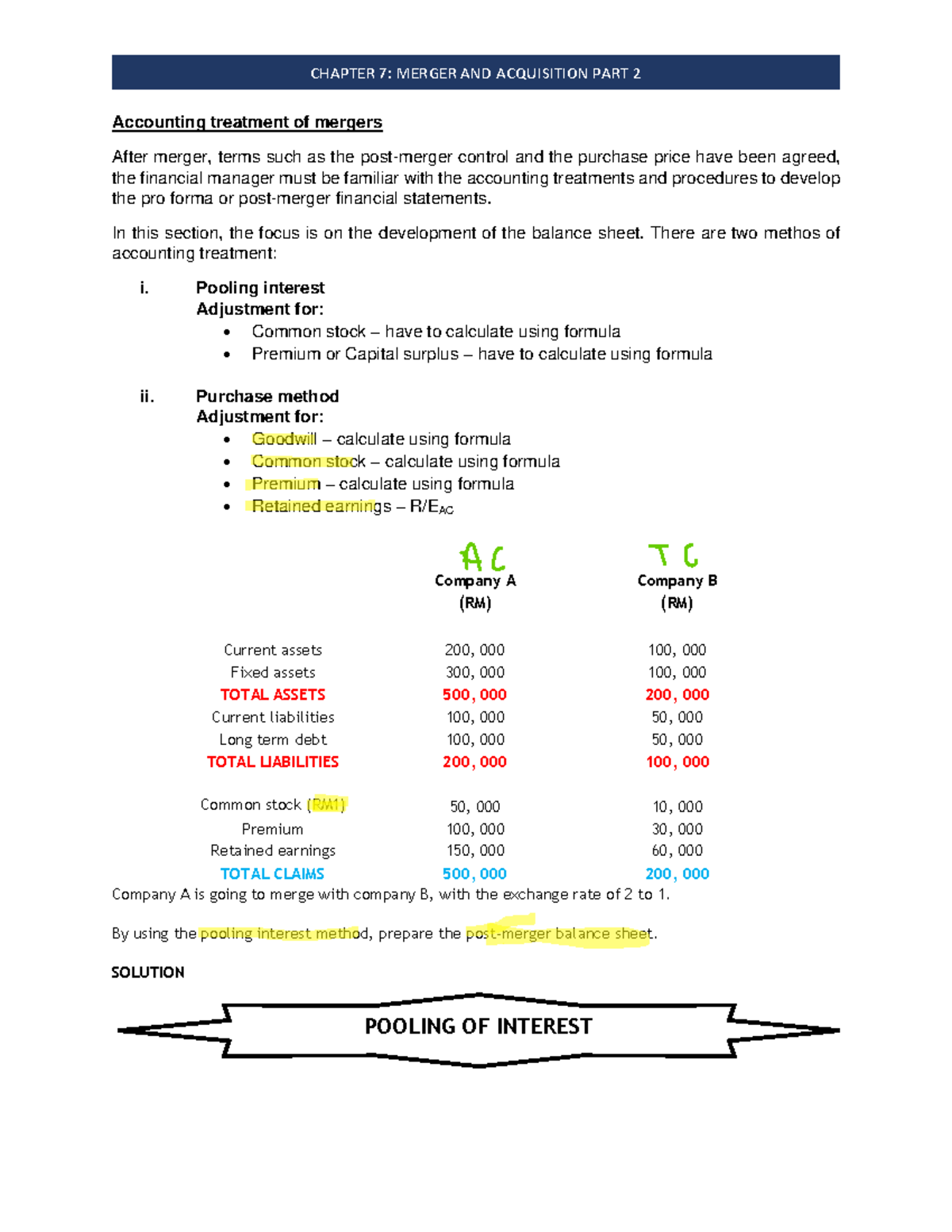 Chapter 7 Pooling Interest and Purchase Method - Accounting treatment ... Chapter 7 Pooling Interest and Purchase Method - Accounting treatment ...