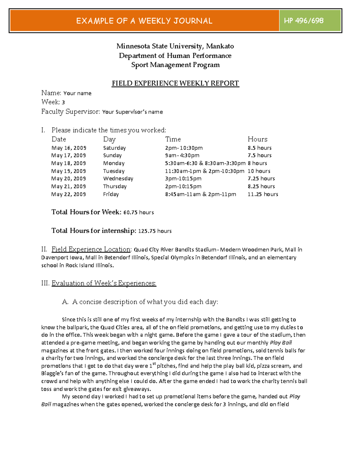 Example of weekly journal - EXAMPLE OF A WEEKLY JOURNAL HP 496 ...